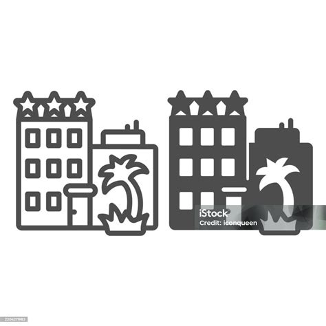 3 성급 호텔 건물과 야자수 라인과 견고한 아이콘 열대 항해 개념 벡터 그래픽입니다 중간 도시 집 흰색 배경에 여행 기호 모바일