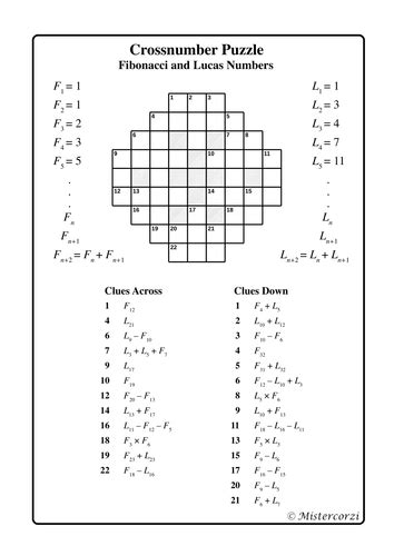 Crossnumber Puzzle Fibonacci And Lucas Numbers Teaching Resources