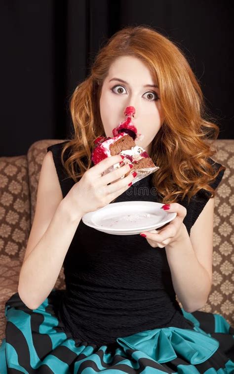 Redhead Girl Secretly Eating Cake Stock Image Image Of 1970s Dress