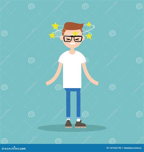 Dizziness Conceptual Illustration Young Nerd With Stars Spinning Around His Head Flat