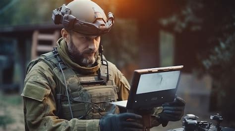 Premium Photo Soldier In Uniform Analyze Data On A Tablet And Work