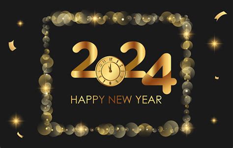 2024년 새해 복 많이 받으세요 고급스럽고 우아한 디자인 검은색 배경에 시계가 있는 황금색 2024 로고 번호의 벡터 그림 새해 복 많이 받으세요와 크리스마스 축하