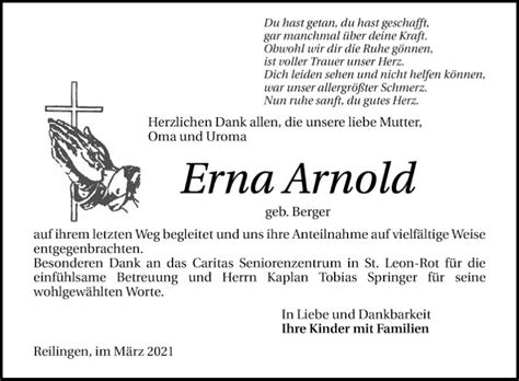 Traueranzeigen Von Erna Arnold Trauerportal Ihrer Tageszeitung