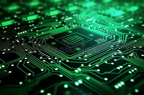Digital Circuit Board Microprocessor Motherboard Computer Hardware In Neon Green Glowing Light