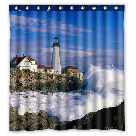 Gckg Lighthouse And Wave Bathroom Shower Curtain Shower Rings Included