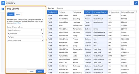 Drop Columns Transformation Drop Columns From The Recipe