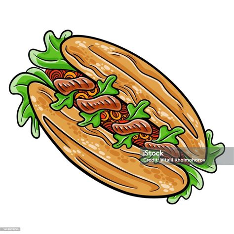 반미 얇게 썬 구운 돼지 고기 안심 잘게 썬 당근과 껍질을 벗긴 오이 할라피뇨 고추 및 실란트로를 곁들인 클래식 샌드위치 고립 된 벡터 그림입니다 Bánh Mì