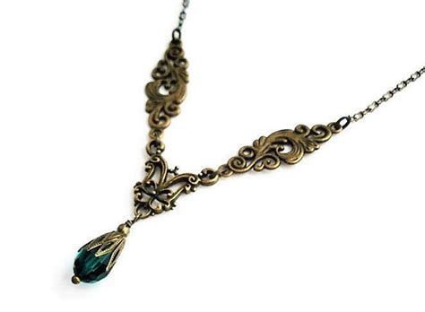 Emerald Green Victorian Pendant Necklace Brass Filigree Teardrop