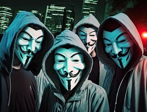 Premium Ai Image Anonymous Hacking Group Unknown Men In Black Hoodie With Hoods And White Masks