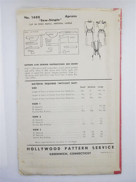 Vintage 1940s Bib Apron Sewing Pattern Hollywood 1688 Size Medium Bust