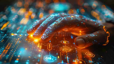 Finger Touching Digital Hologram Futuristic Technology Concept Stock