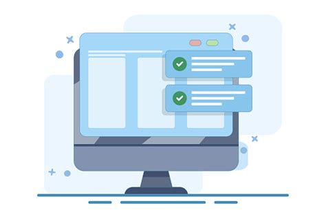 체크 표시가있는 웹 사이트 성공 알림 개념 랩톱 컴퓨터 평면 만화 벡터에 체크 표시가있는 웹 업데이트 작업 목록 Pc 보고서에 인터넷 온라인 디지털 수표 벡터 일러스트 레이