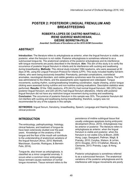 2016 Martinelli Posterior Lingual Frenulum Pdf Tongue Pediatrics