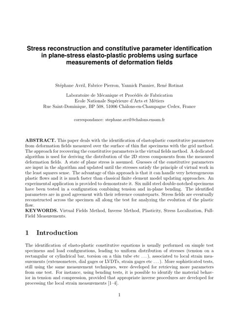 Pdf Stress Reconstruction And Constitutive Parameter Identification In Plane Stress Elasto