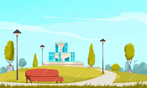 분수 벤치와 조명 만화 벡터 일러스트와 함께 도시 공원의 여름 풍경 프리미엄 벡터