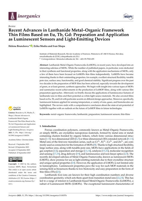 Pdf Recent Advances In Lanthanide Metalorganic Framework Thin Films Based On Eu Tb Gd