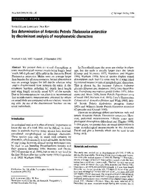 Pdf Sex Determination Of Antarctic Petrels Thalassoica Antarctica By