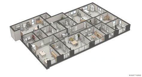 An Office With Multiple Computer Screens On The Wall And Two Desks In