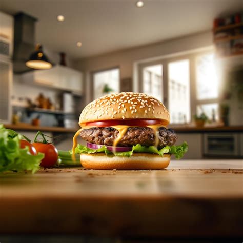 Premium Ai Image Burger On The Table In Kitchen Blurred Room Fast