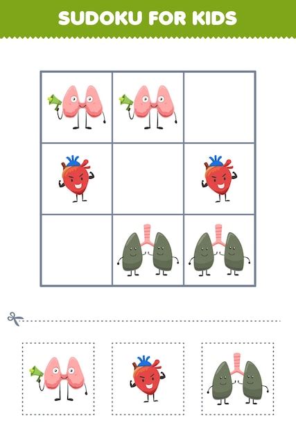 귀여운 만화 갑상선 심장 및 폐 인쇄 가능한 해부학 및 장기 워크시트가 있는 어린이를 위한 쉬운 스도쿠를 위한 교육 게임