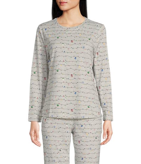 Sleep Sense Holiday Lights Print Knit Long Sleeve Crew Neck