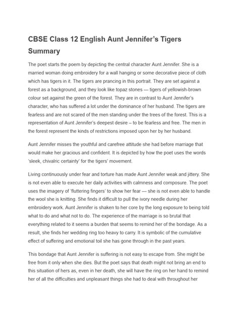 Cbse Class 12 English Aunt Jennifers Tigers Summary Pdf