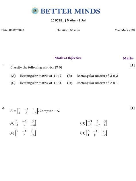 Class 10 Icse Maths Matrices Test Pdf