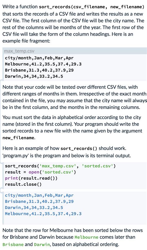 solved write a function sort records csv filename