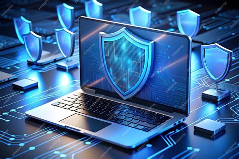 A 3d Model Of A Computer With Layers Of Digital Shields Representing A Multilayered Security