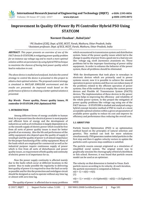 Improvement In Quality Of Power By PI Controller Hybrid PSO Using