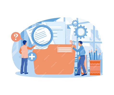 Premium Vector An Office Worker Looks For Files Using A Magnifying Glass File Manager Data