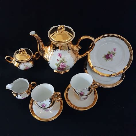 Vintage Tea Set Bavaria Germany Handarbeit 24 Karat Gold 17 Pcs Tea