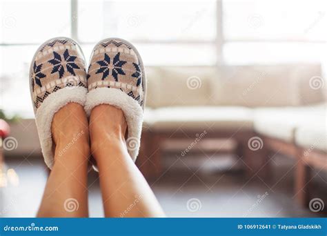 Slippers On Women`s Legs Stock Image Image Of Homely 106912641