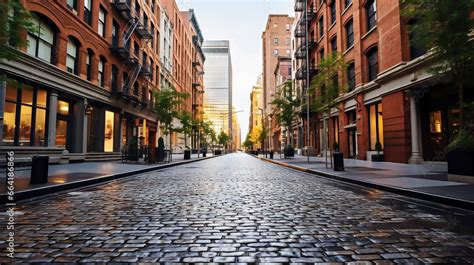 Amazing New York City Old Soho Downtown Paving Stone Street Stock