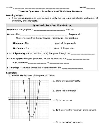 Intro To Quadratic Functions And Key Features Algebra 1 Guided Notes And Practice