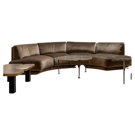 Modern Curved Serpentine Sofa In Orange Velvet W Gold And Wood Details