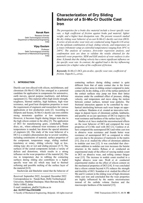 PDF Characterization Of Dry Sliding Behavior Of A Si Mo Cr Ductile
