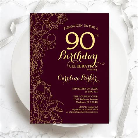 Burgundy Gold Floral 90th Birthday Party Invitation Zazzle