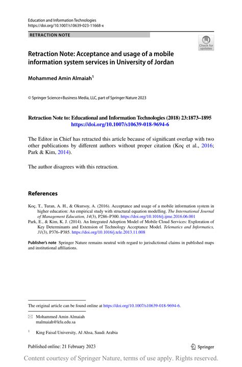Retraction Note Acceptance And Usage Of A Mobile Information System Services In University Of