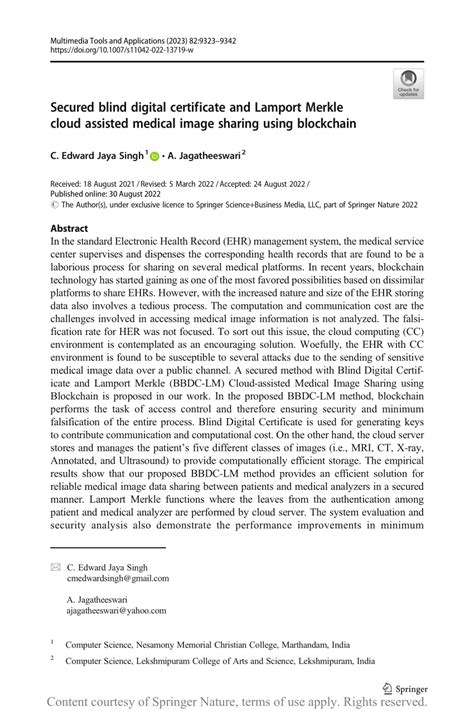 Secured Blind Digital Certificate And Lamport Merkle Cloud Assisted Medical Image Sharing Using