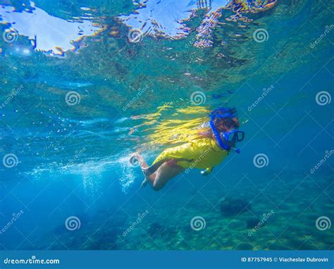 Woman In Snorkeling Mask Underwater Photo Female Snorkel Above Sea