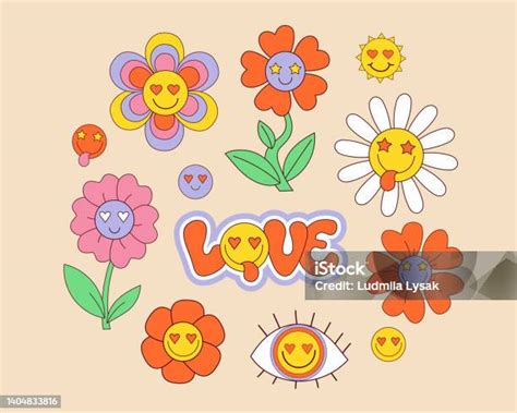 레트로 70 년대 그루비 요소 귀여운 펑키 히피 스티커 만화 데이지 꽃 태양 눈 얼굴 이모티콘 히피 스티커 벡터 세트 그루비 스타일의 사랑을 편지로 손 레터링 격리된 양수