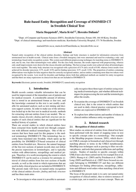 Pdf Rule Based Entity Recognition And Coverage Of Snomed Ct In Swedish Clinical Text