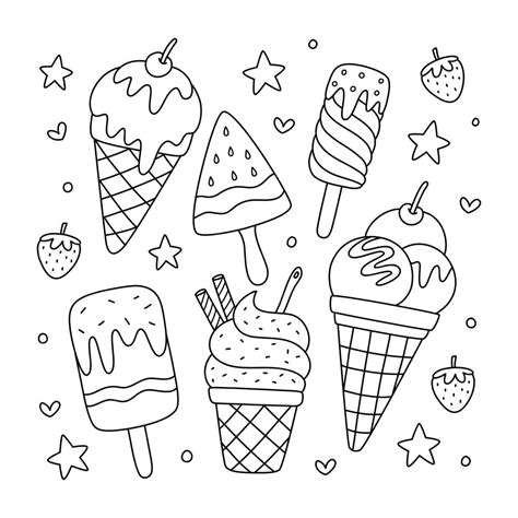 벡터 손으로 그린 귀여운 아이스크림 컬렉션 색칠 공부 그림 프리미엄 벡터