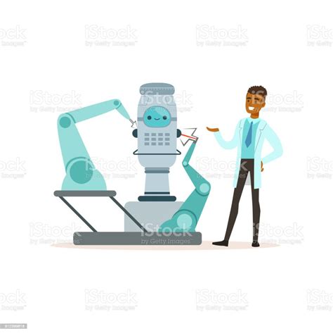 현대 실험실 벡터 일러스트 레이 션에 실험을 실시 하는 로봇을 사용 하는 남성 과학자 개념에 대한 스톡 벡터 아트 및 기타 이미지 개념 과학 남자 Istock