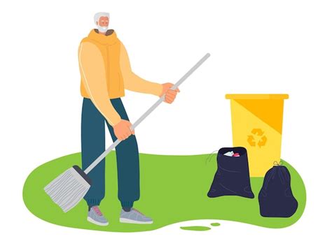 Anciano Barriendo Basura Bolsas De Basura Negras Contenedor De Basura