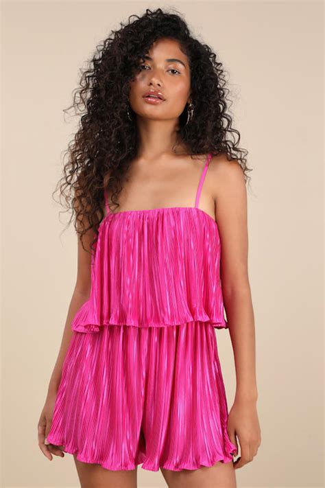 Hot Pink Romper Satin Plisse Romper Sleeveless Romper Lulus