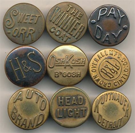 Six Different Types Of Metal Buttons With Words On Them All In Different Colors And Sizes