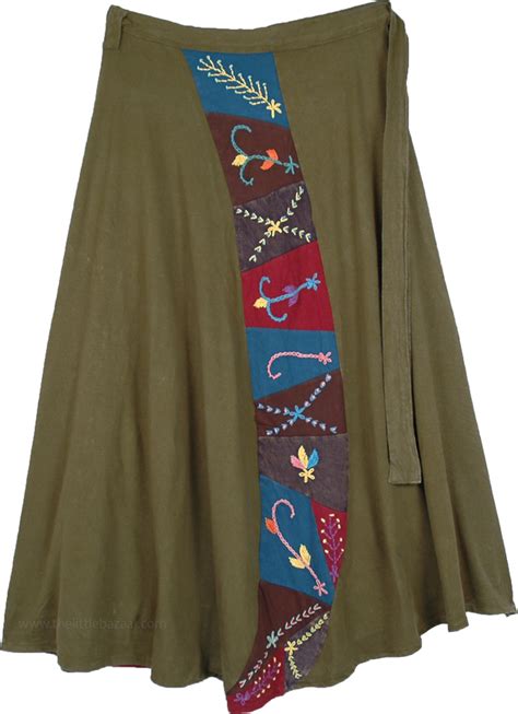 Plus Size Green Wrap Around Bohemian Skirt With Patchwork Clothing