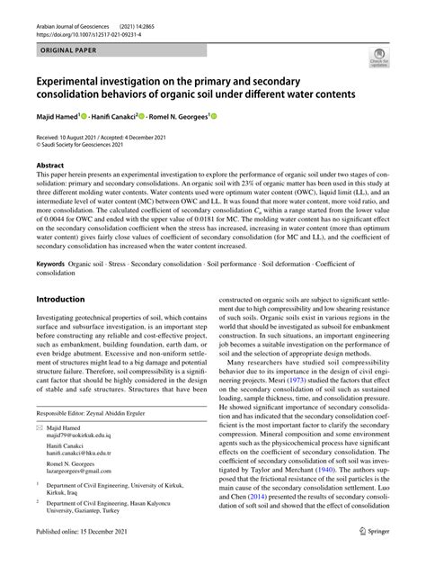 Pdf Experimental Investigation On The Primary And Secondary Consolidation Behaviors Of Organic